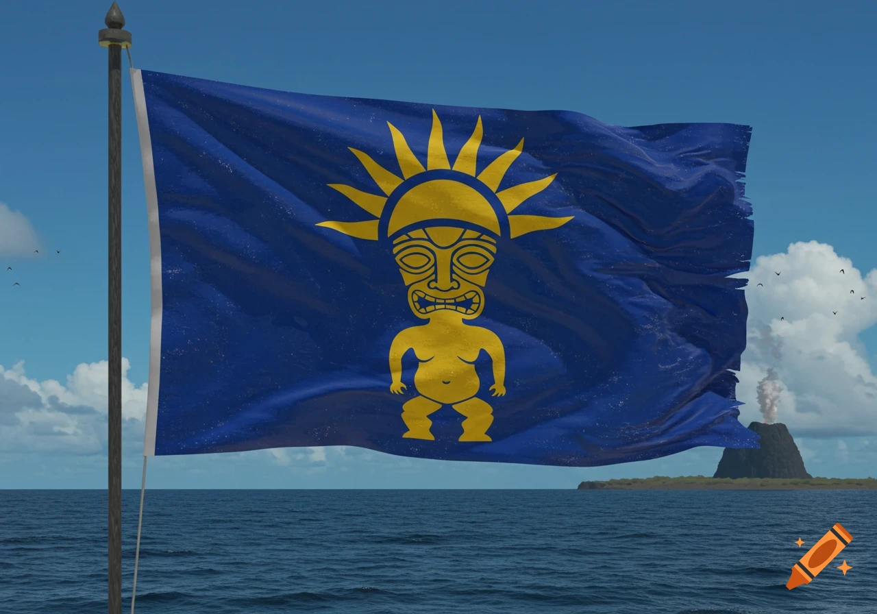 A blue flag with a golden tiki figure flies over the ocean with a ...