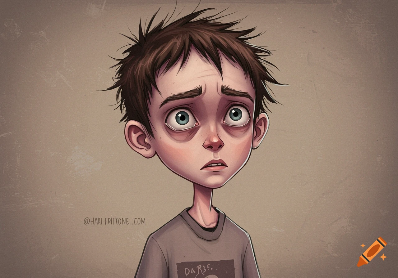 Cartoon illustration of a scared boy with messy hair and dark circles ...