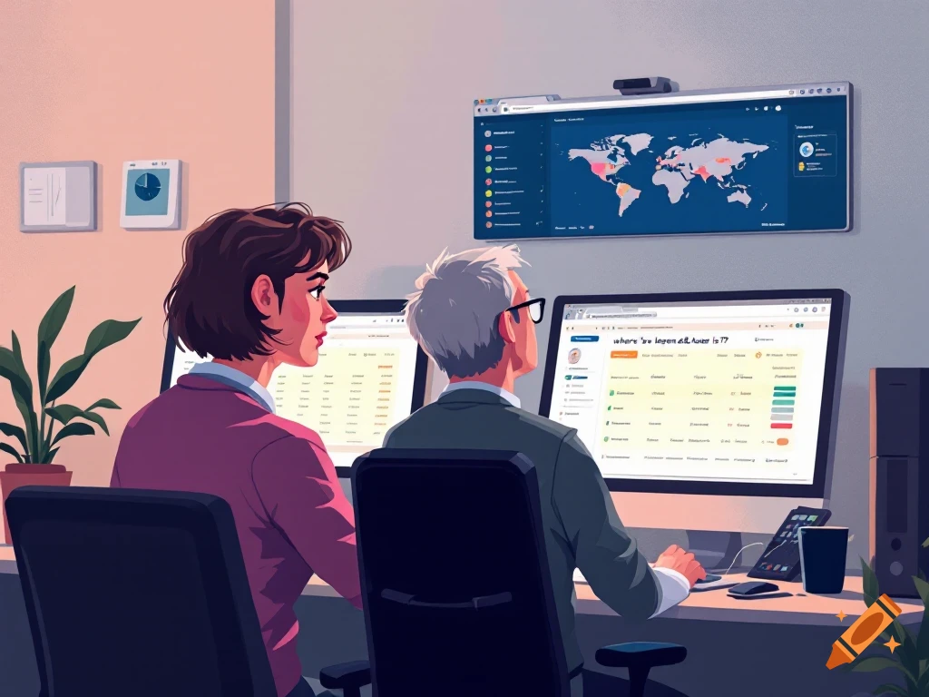 Two people look at computer screens in an office with a world map ...