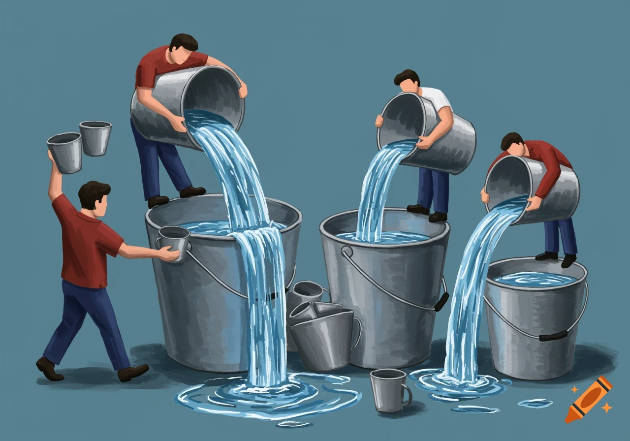Stylized illustration of people pouring water from smaller containers ...