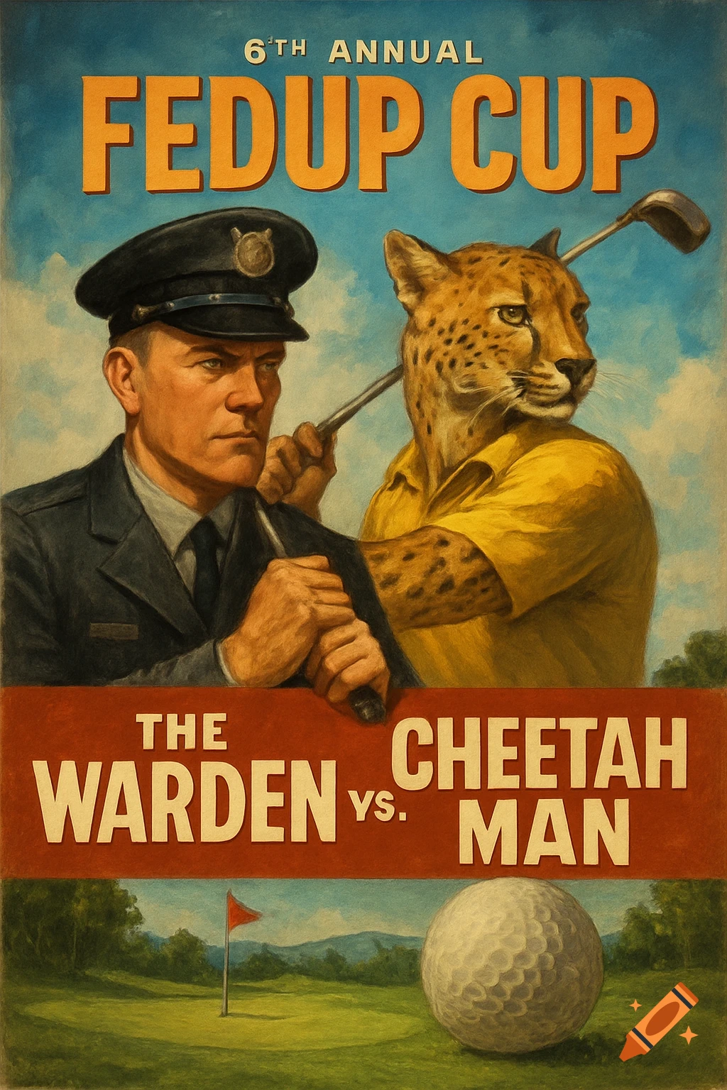 Vintage poster art for a golf tournament, 'The Warden vs Cheetah Man ...