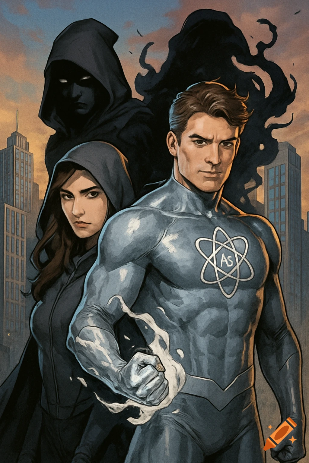 Comic book cover art of a superhero team and villain in a city. A man ...