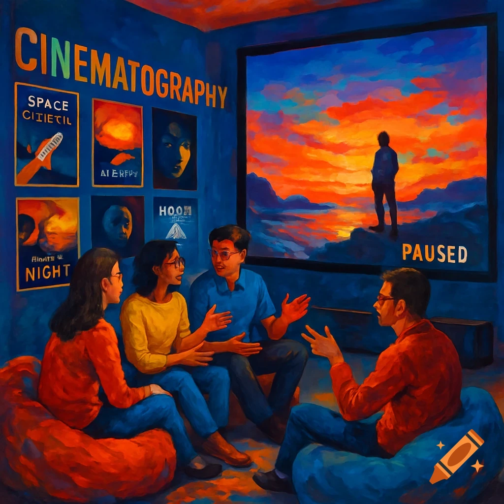 Colorful painting of people on bean bags discussing while watching a ...