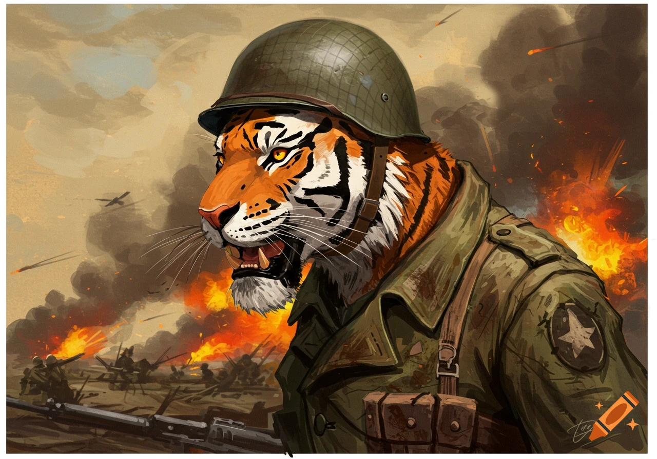 A tiger soldier in a helmet and uniform stands in a battle scene with ...