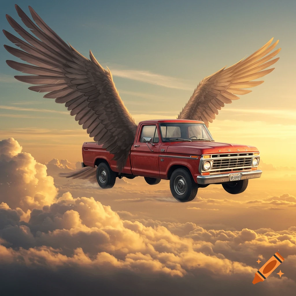 A red pickup truck with large wings flying through clouds at sunset. on ...