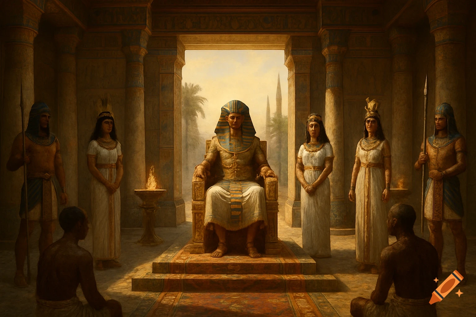 An Egyptian pharaoh sits on a throne in a grand temple with figures ...