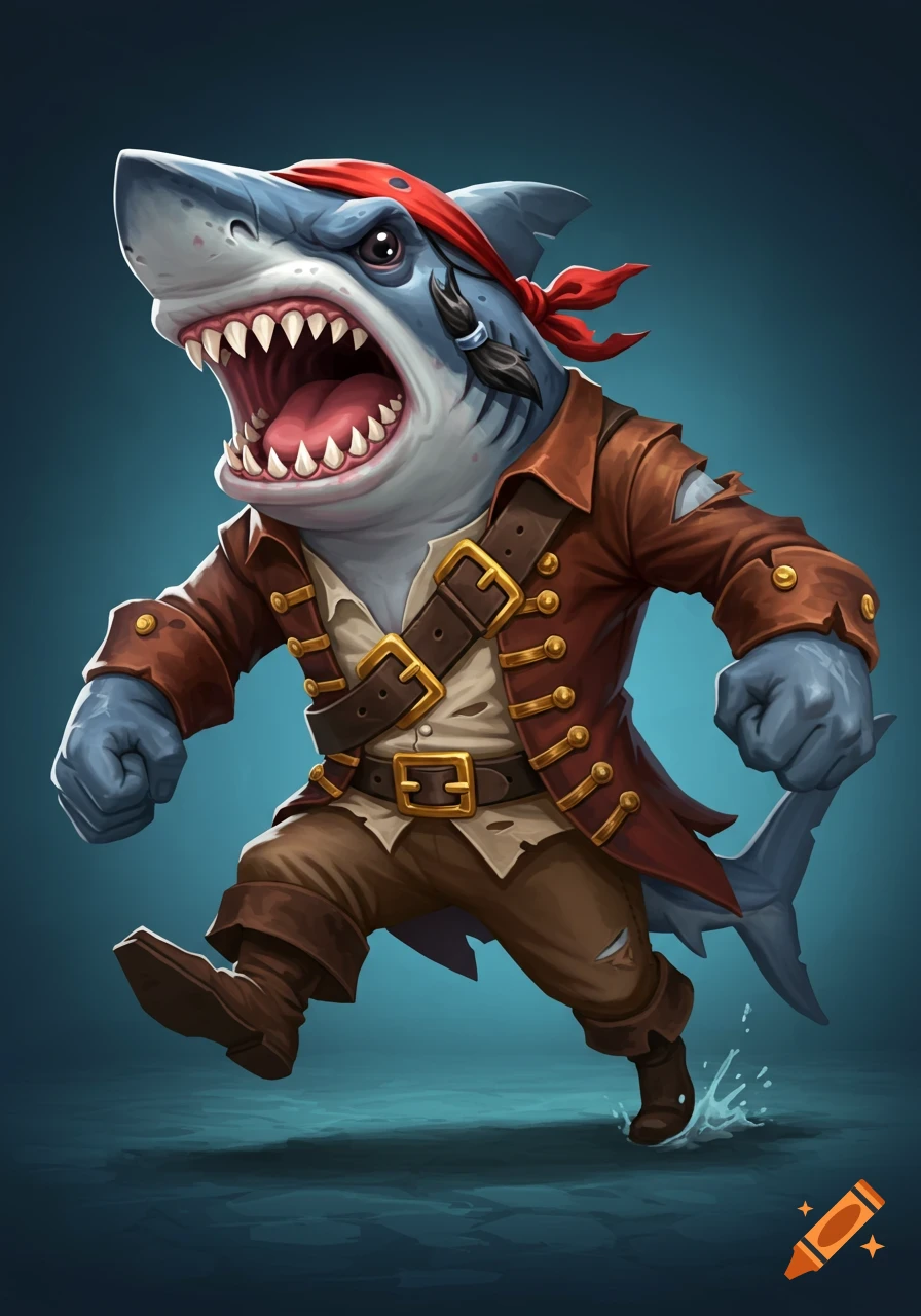 Cartoon shark dressed as a pirate running and yelling on Craiyon
