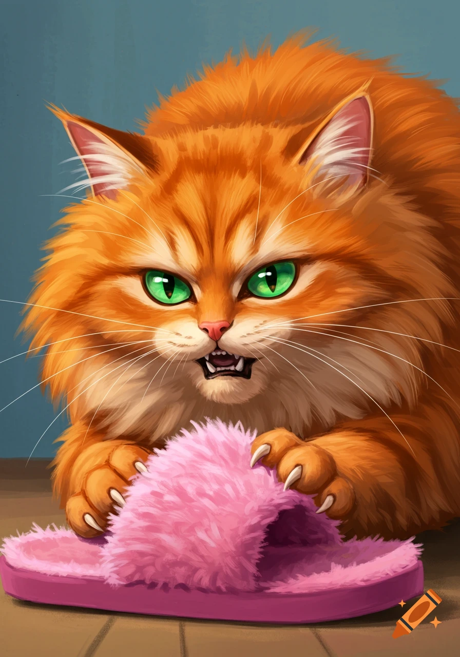 An angry orange cat with green eyes claws a pink fluffy slipper. on Craiyon