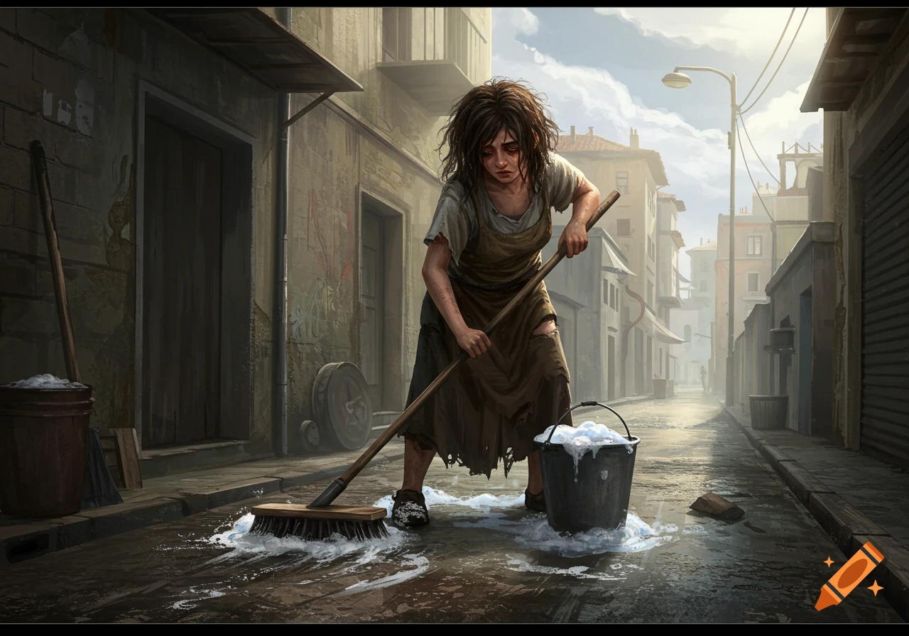 A digital painting of a young woman in rags scrubbing a dirty street ...