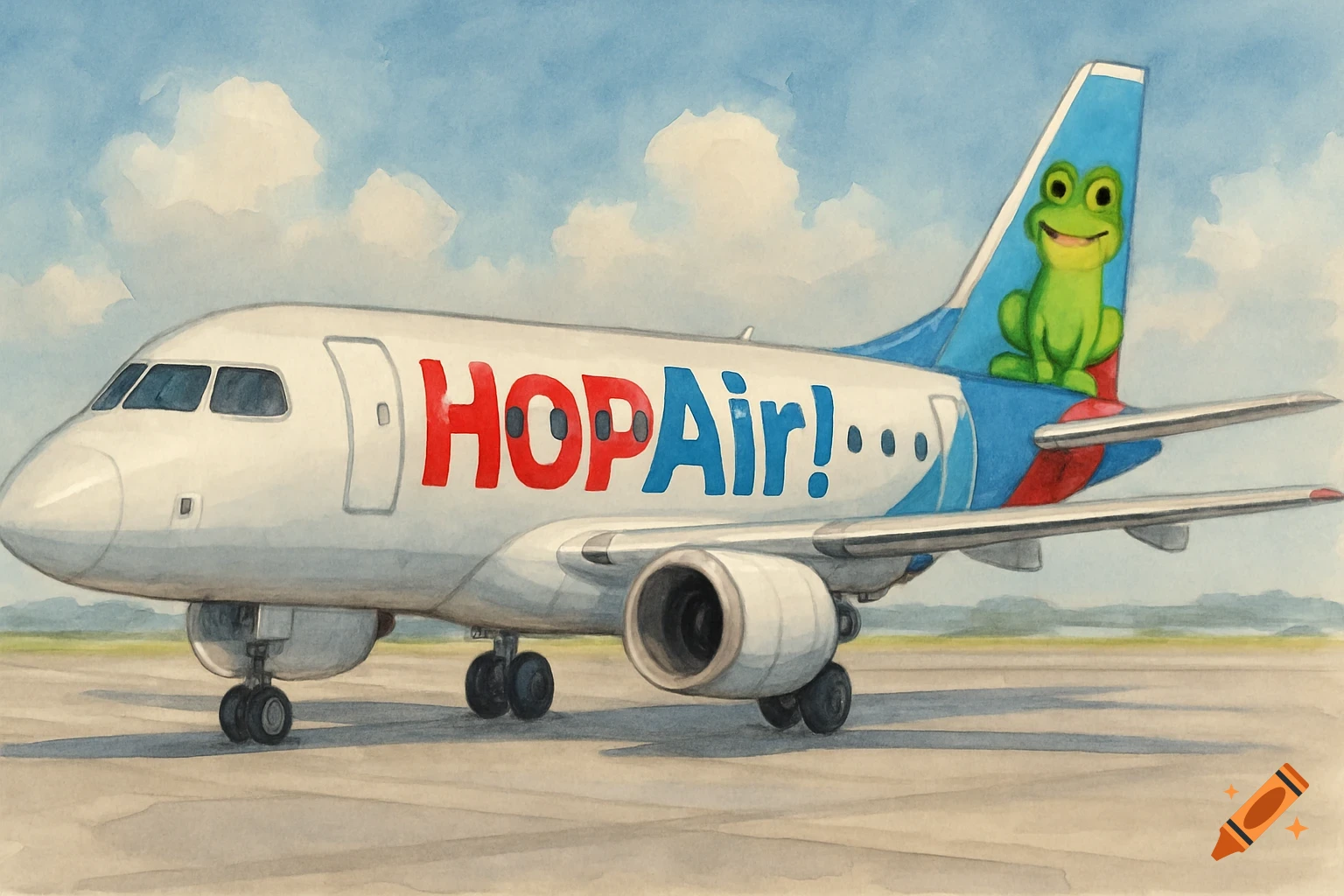 Watercolor of a white airplane with 'HOPAir!' text and a cartoon frog ...