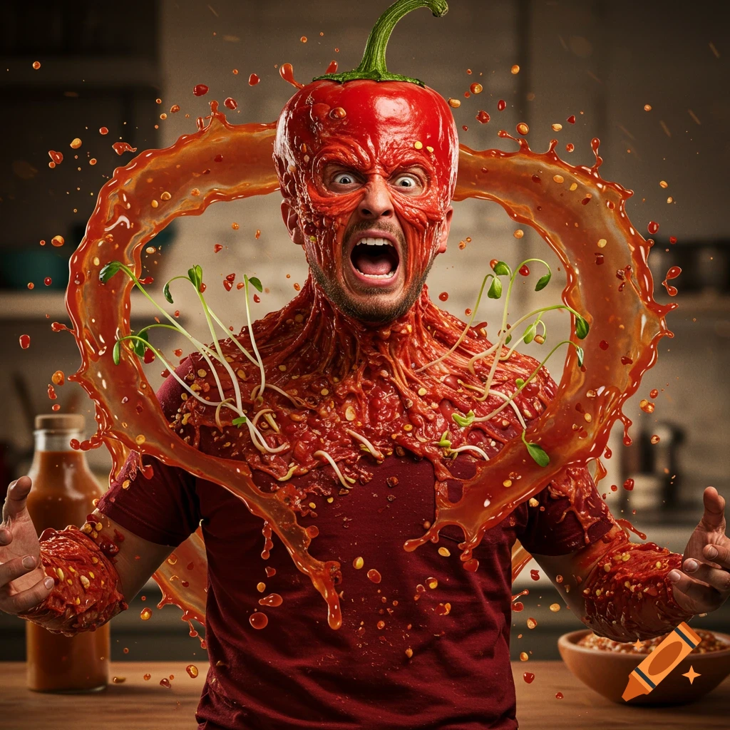 Man transforming into a chili monster with a pepper head and splashing ...