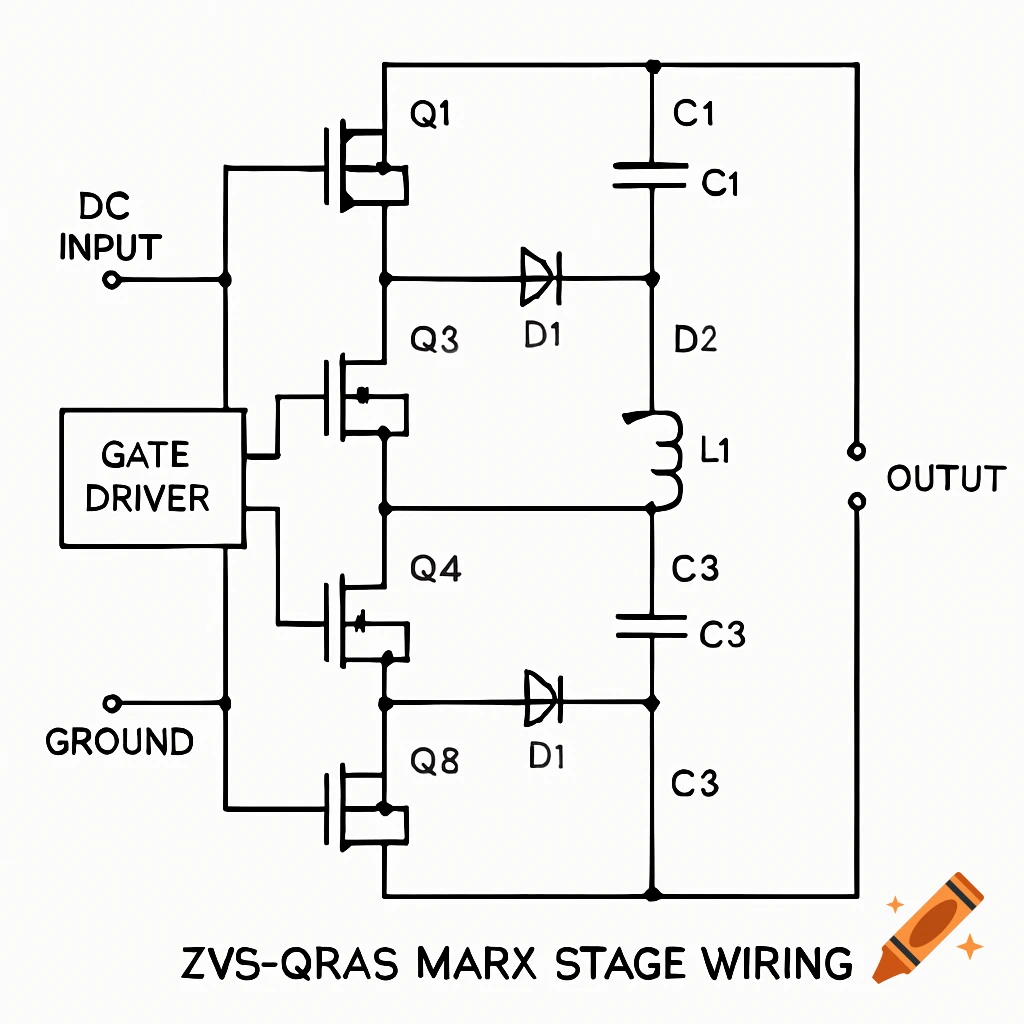 Electronic circuit diagram showing a ZVS-QRAS Marx stage. on Craiyon