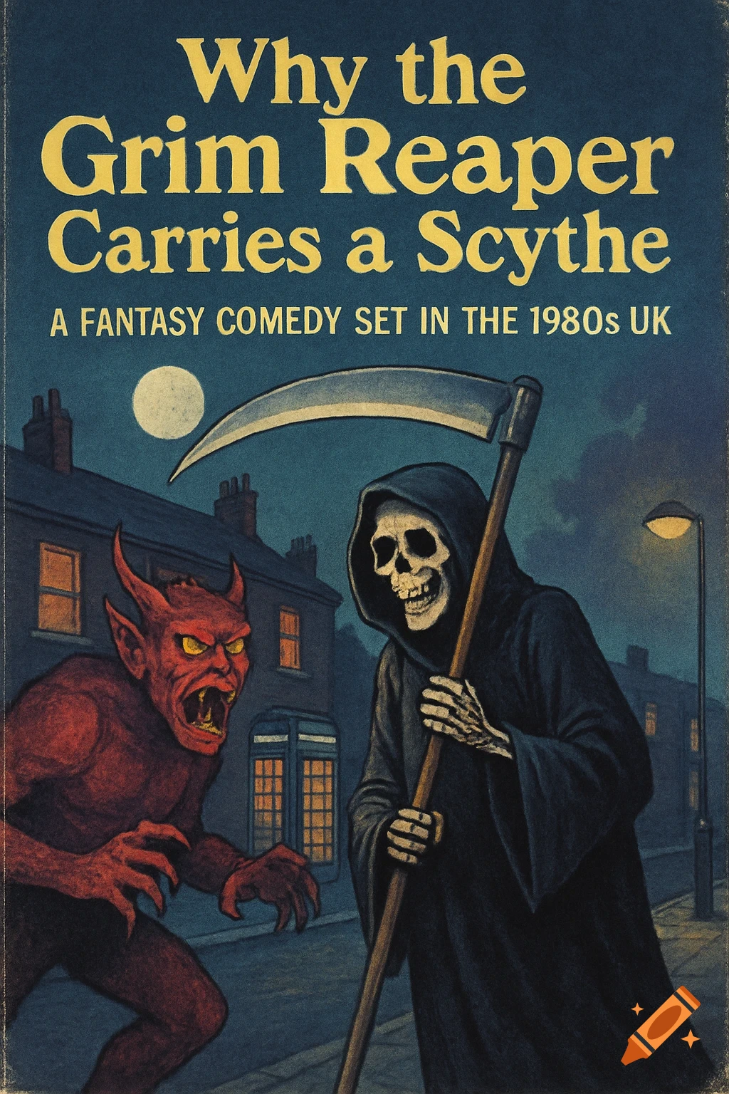 Retro book cover art of the Grim Reaper and a red devil on a street at ...
