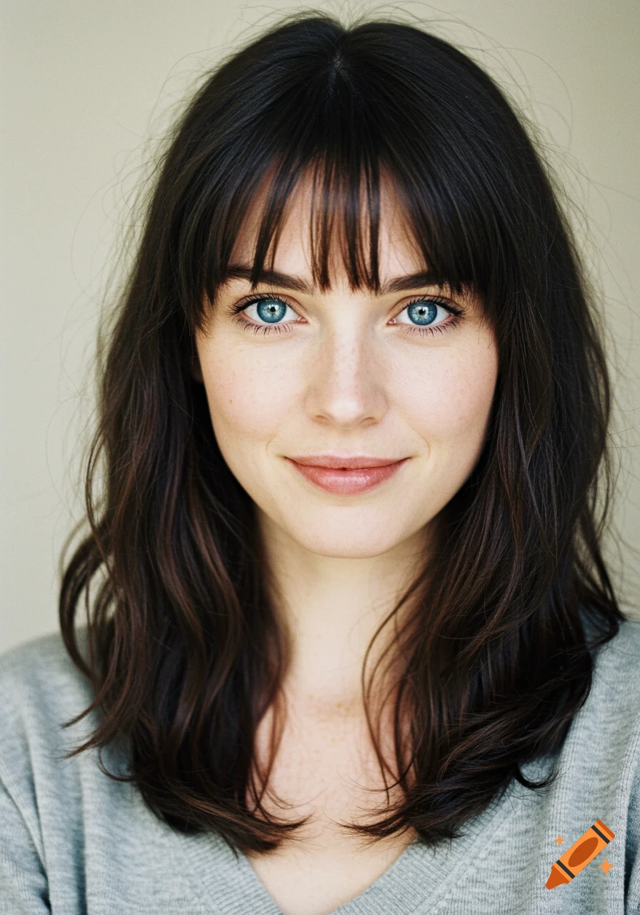 Close-up portrait of a smiling woman with dark hair, bangs, blue eyes ...