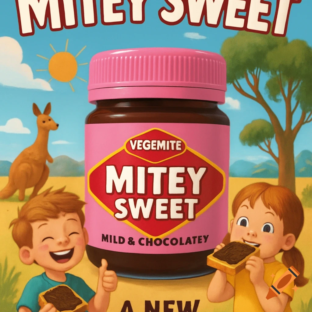 Cartoon poster ad for Mitey Sweet spread featuring children, kangaroo ...