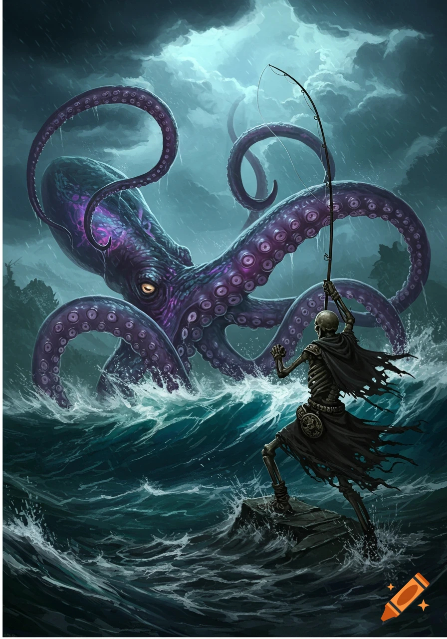 A skeleton fishes in a stormy sea, facing a giant purple kraken rising ...