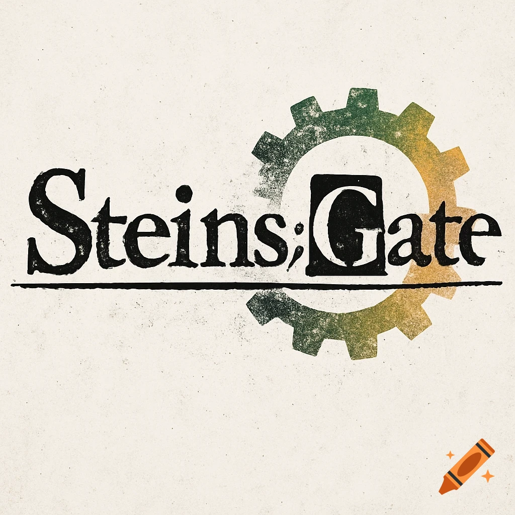 Grunge style logo for Steins;Gate with text and gear. on Craiyon