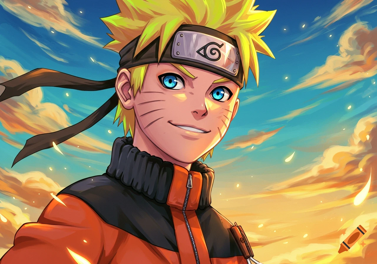Anime illustration of Naruto smiling with a headband against a sunset ...