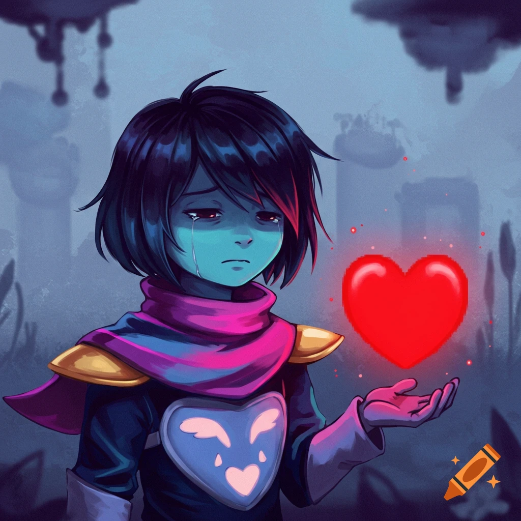 Kris from Deltarune crying and holding a red heart in a dark setting ...