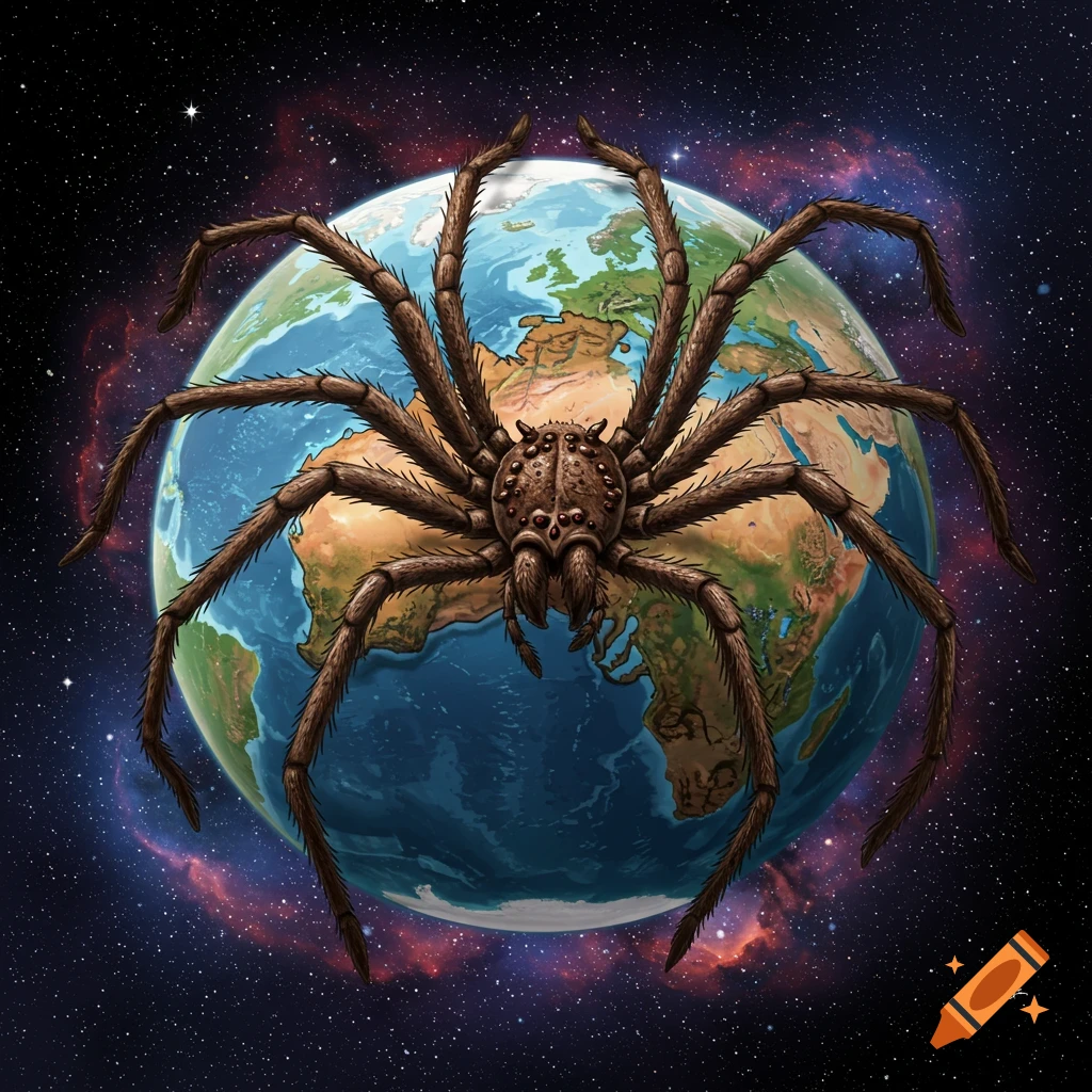 A giant spider perches on a globe of Earth in space on Craiyon