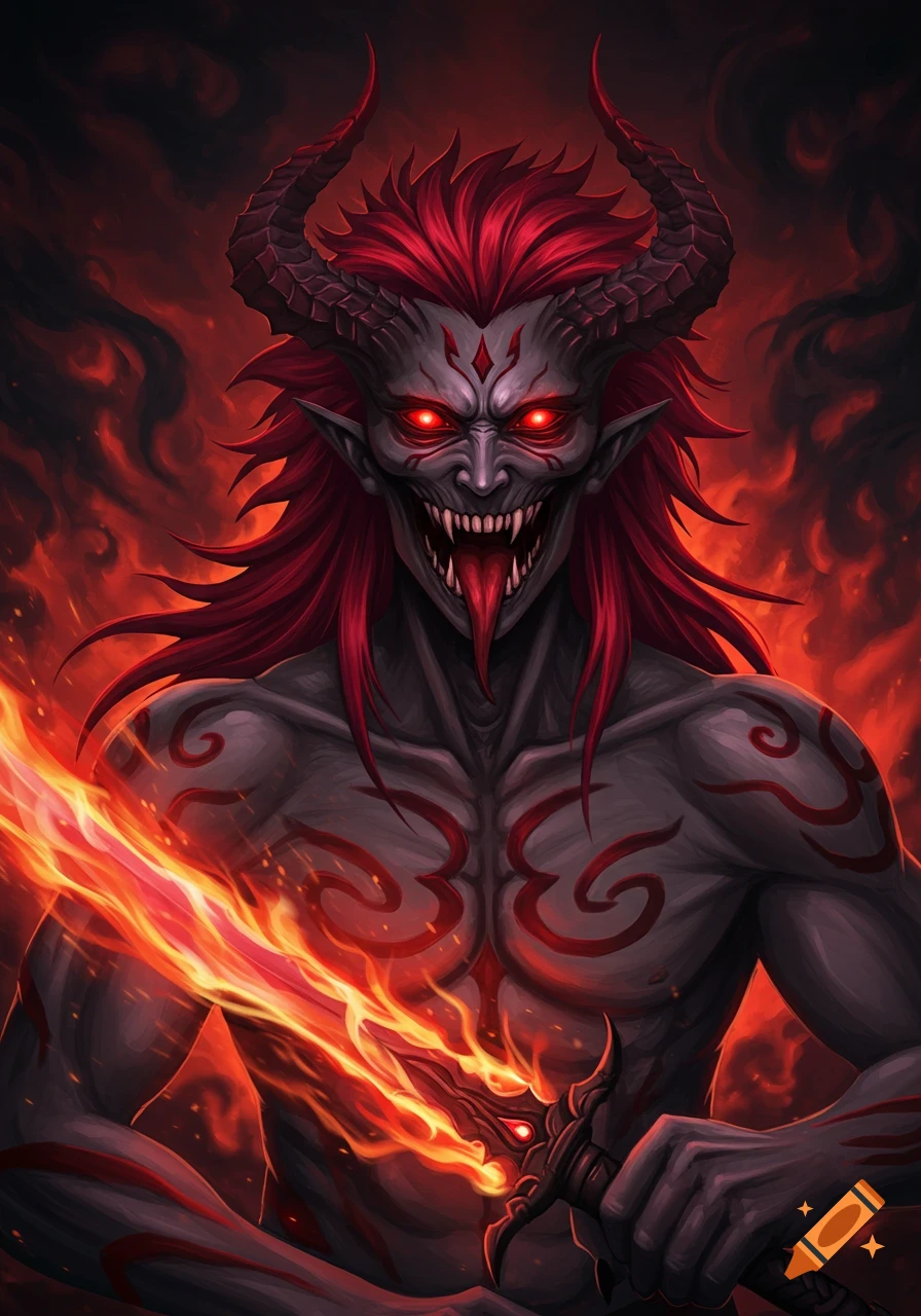 A red-eyed demon with horns, sharp teeth, and tribal markings holds a ...