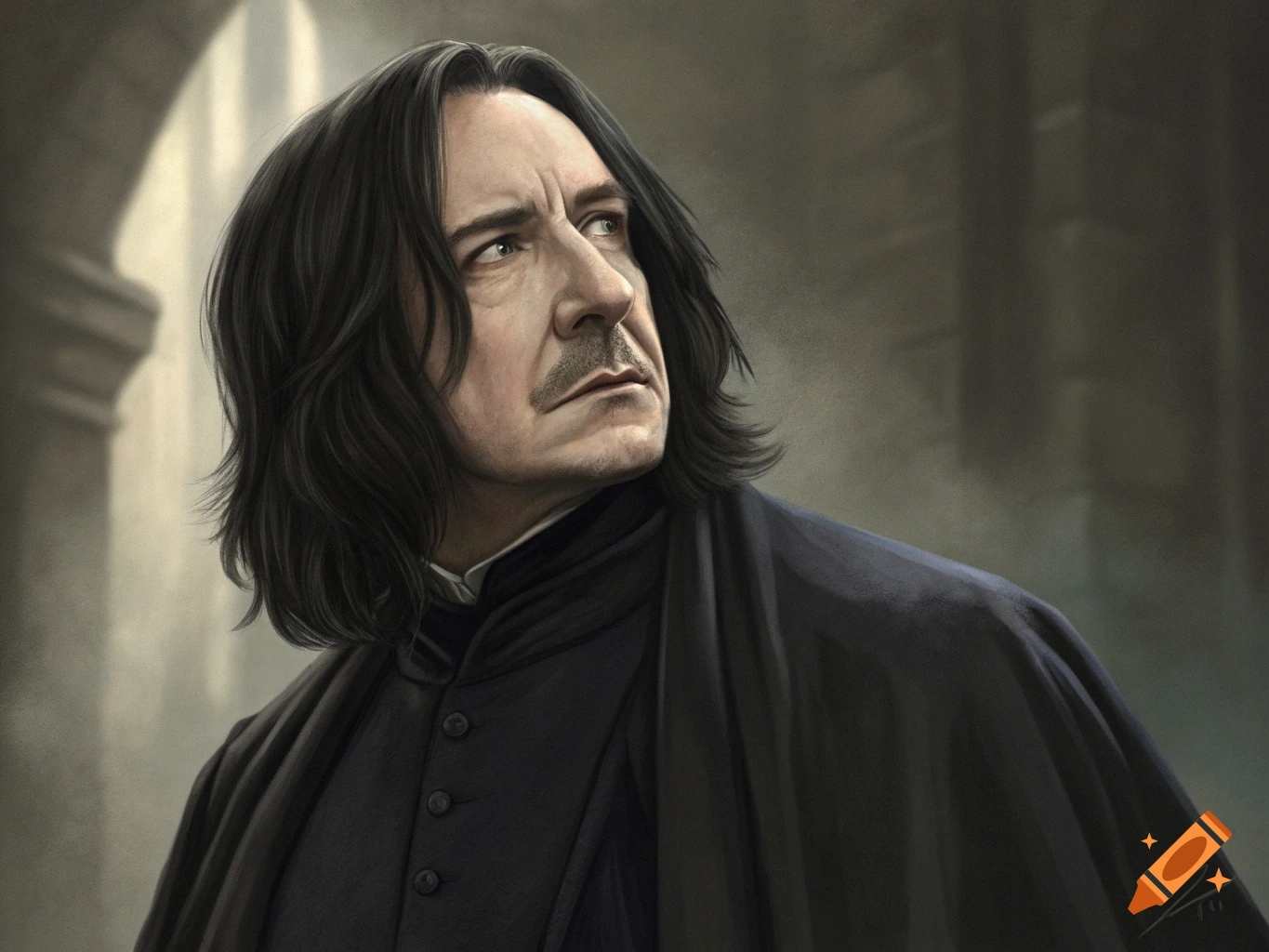 Portrait of Severus Snape looking upwards in a dark cloak. on Craiyon