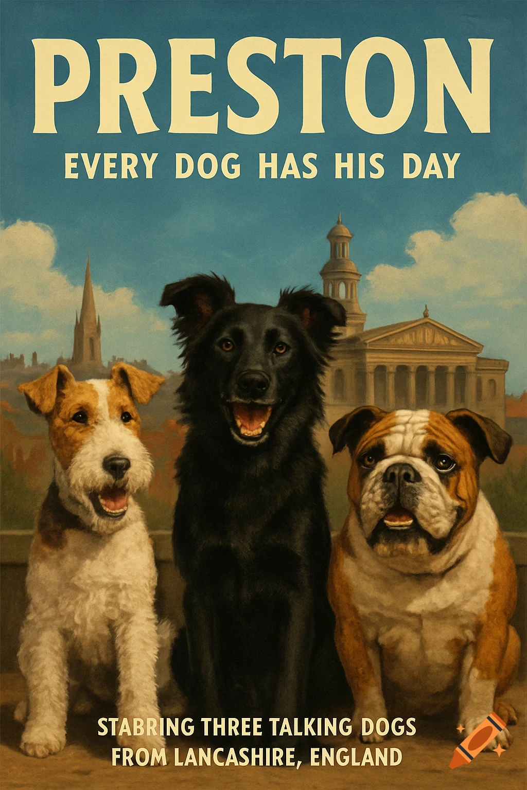 Stylized film poster with three dogs, a fox terrier, a black mixed ...