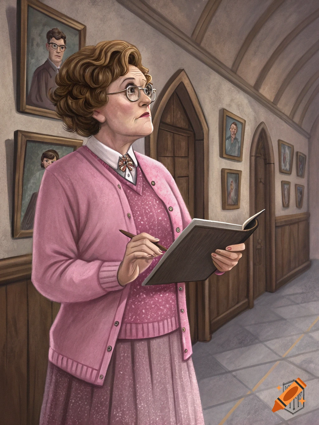 Illustration of a woman dressed as Dolores Umbridge holding a book in a ...
