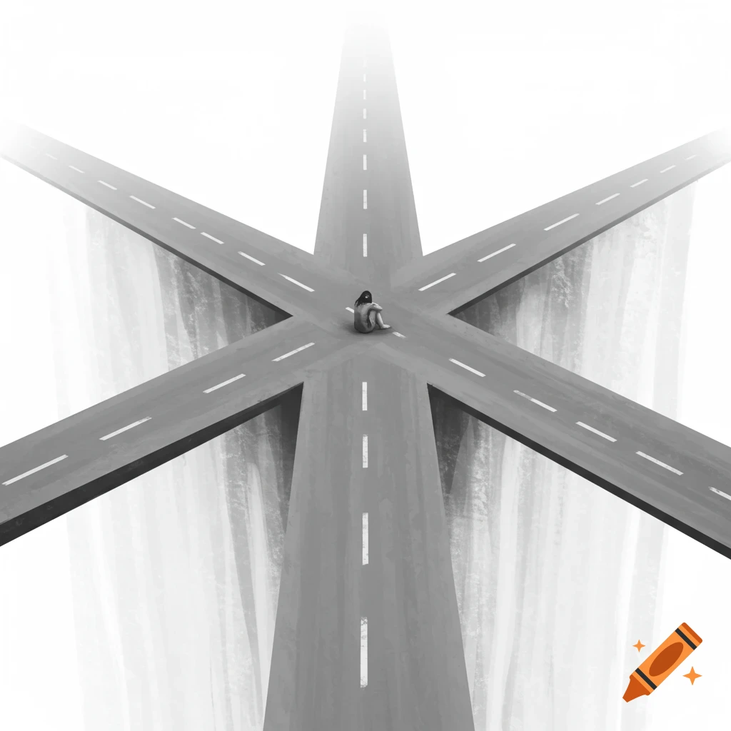 A lone figure sits at a crossroads of roads extending over white ...