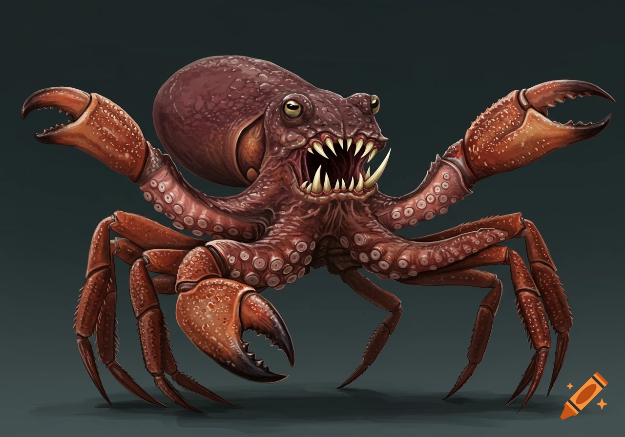 Illustration of a monster creature hybrid with an octopus body, crab ...