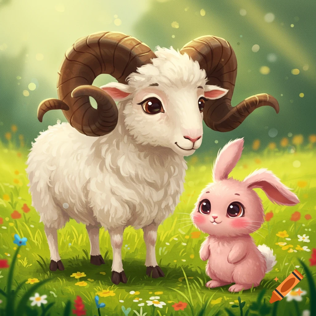 A cute illustration of a fluffy white ram standing next to a small pink ...