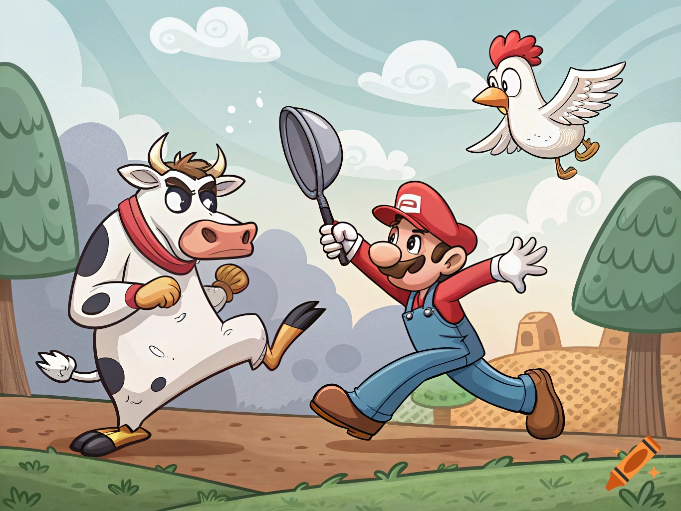 Cartoon plumber fighting a cow with a frying pan, chicken overhead. on ...