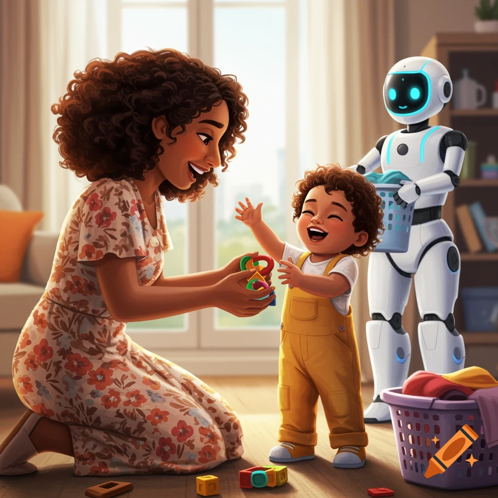 A mother plays with a child while a robot holds a laundry basket in a sunny room. on Craiyon