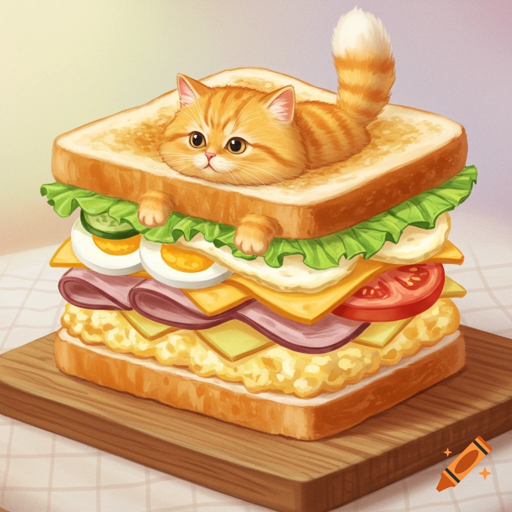 A cute orange tabby cat sits inside a tall, layered sandwich ...
