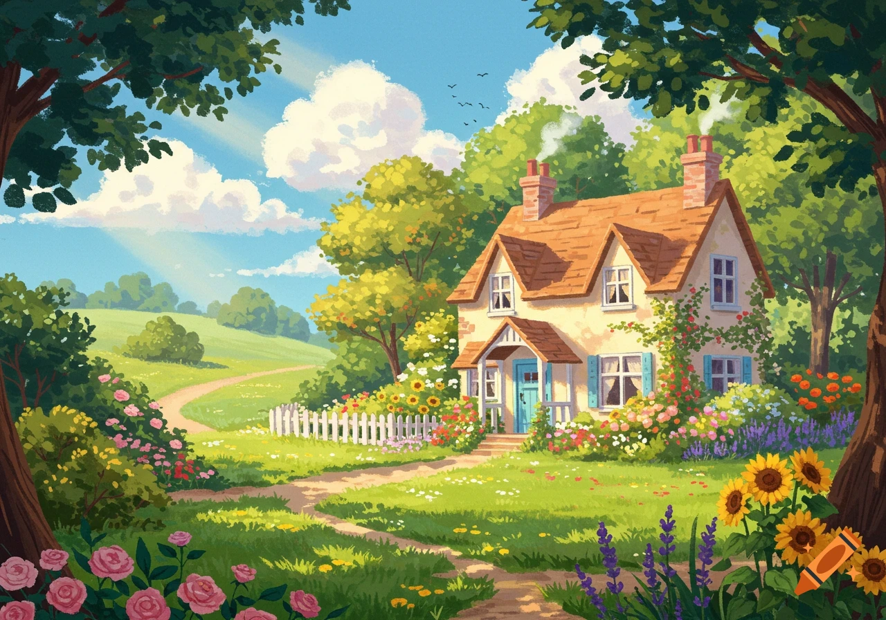Painterly illustration of an idyllic cottage with a flower garden, a ...
