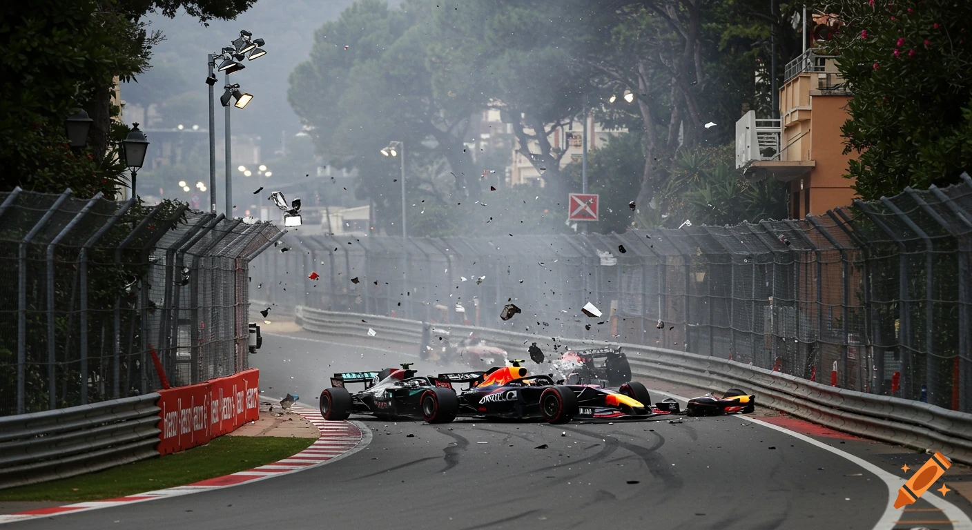 Formula 1 cars crash on a race track with debris flying on Craiyon