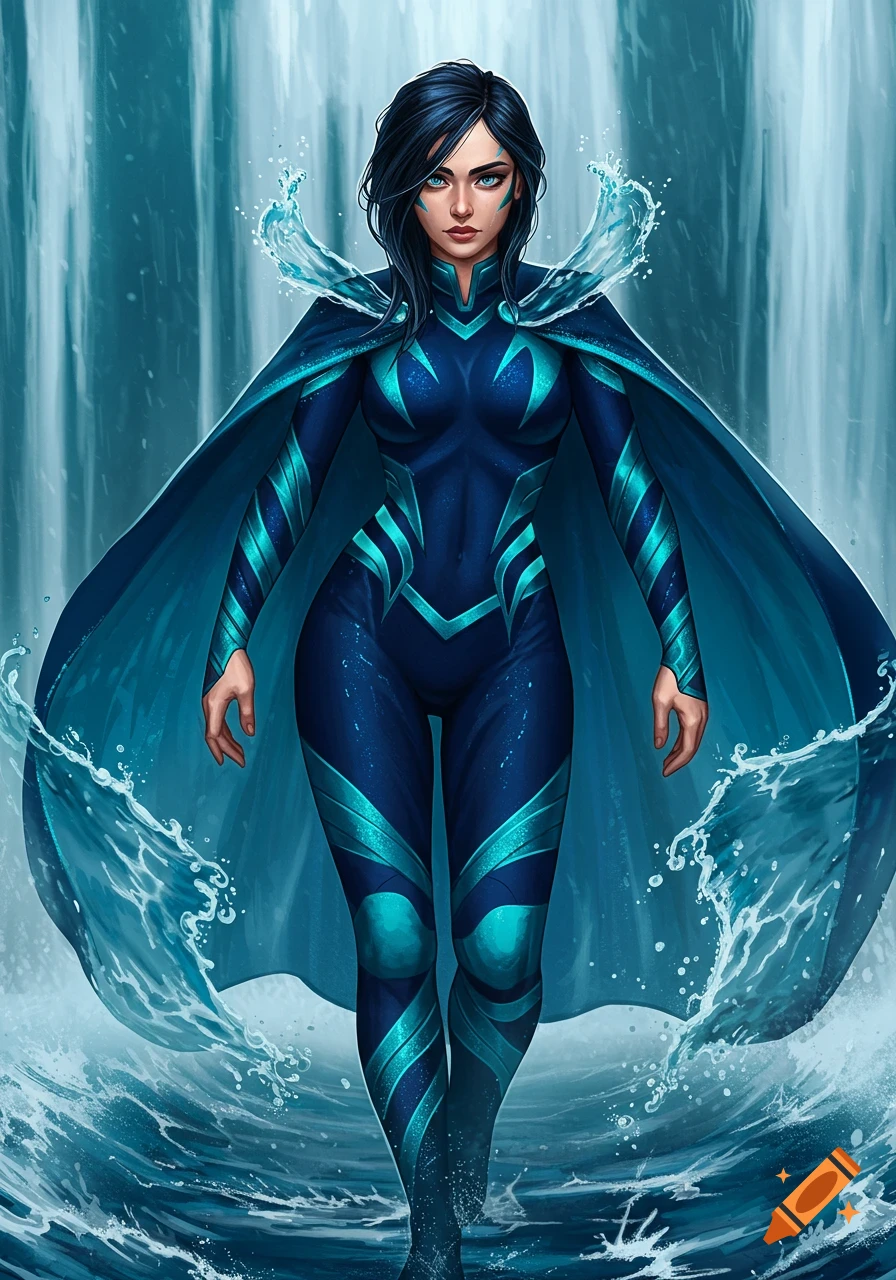 A woman in a blue and teal superhero costume stands in water with ...