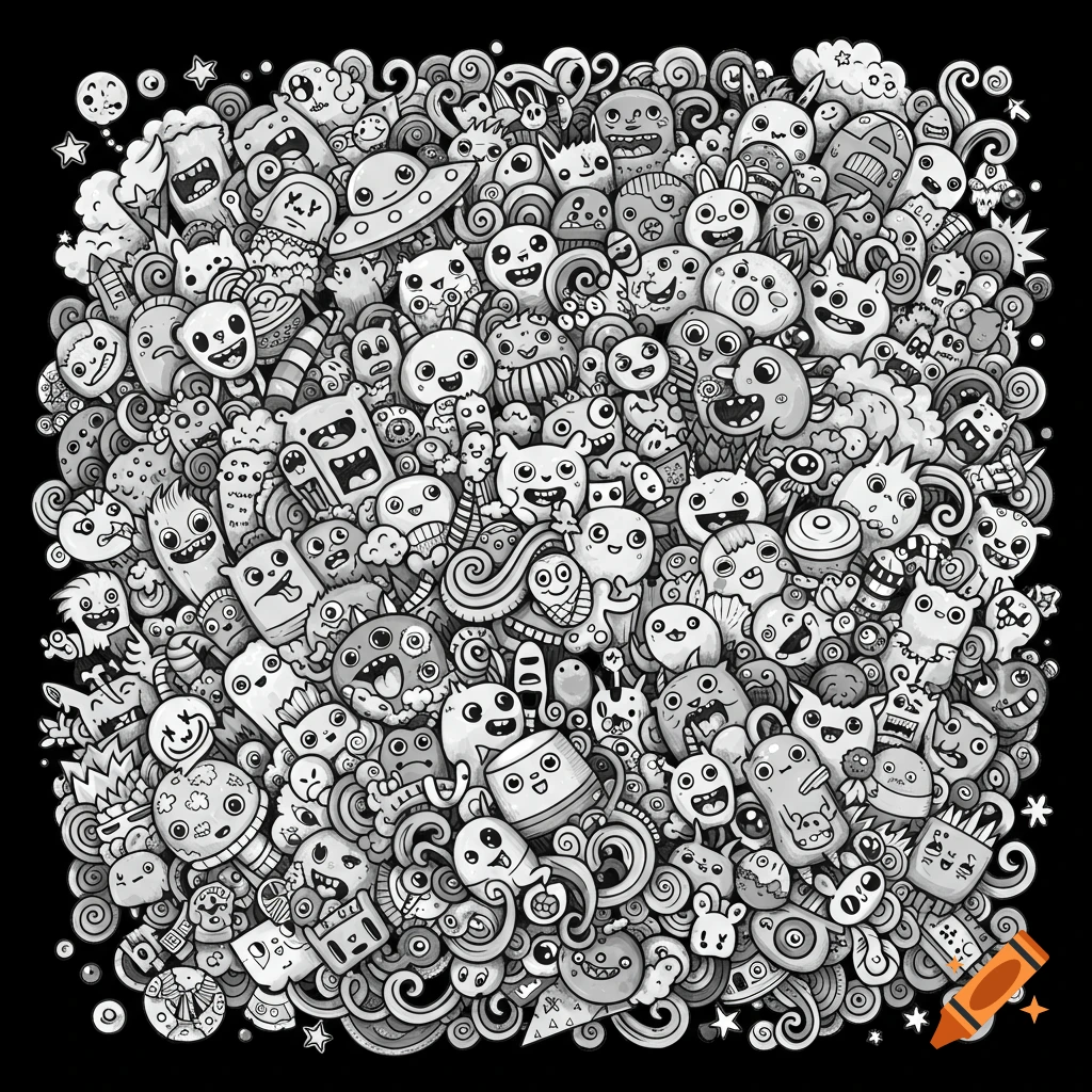 A dense, black and white doodle filling the frame with various cartoon ...