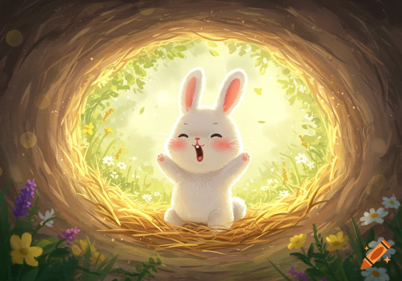 A cute cartoon bunny sits in a cozy burrow opening, surrounded by ...