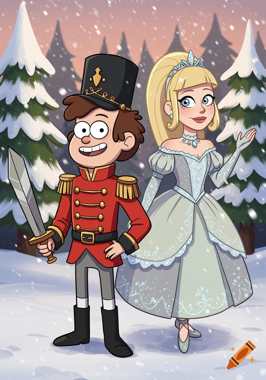 Dipper as Nutcracker, Pacifica as Sugar Plum Princess in snowy woods on ...