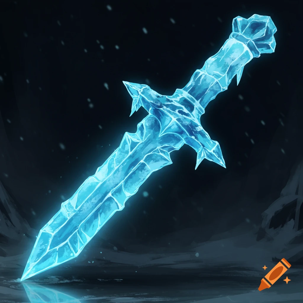 A luminous blue ice dagger stands upright in a dark, snowy fantasy ...