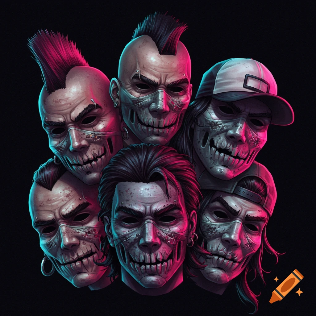 Gritty comic book style illustration of a cluster of faces wearing ...