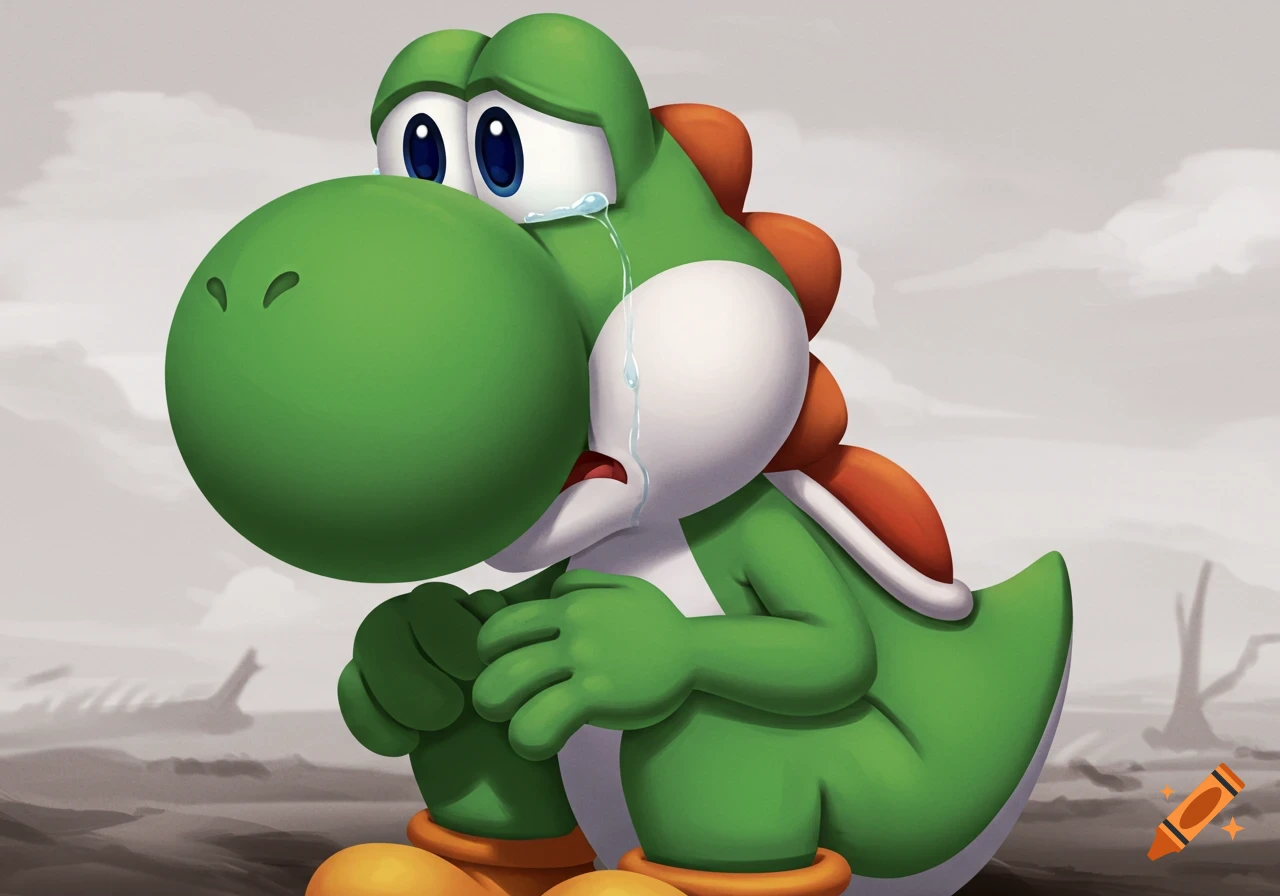 A green cartoon dinosaur character, Yoshi, is crying. on Craiyon