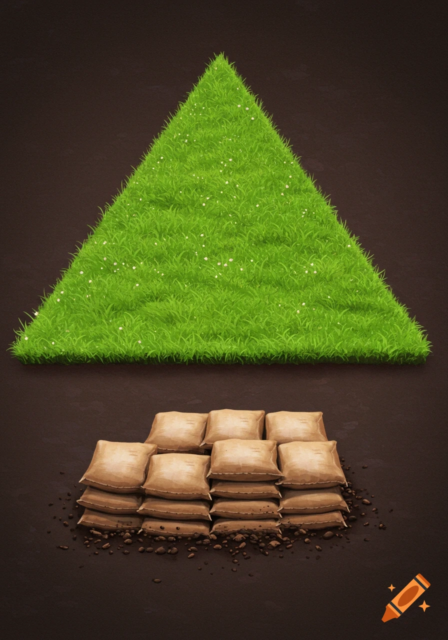 A triangular patch of green grass sits above a pile of brown soil bags ...