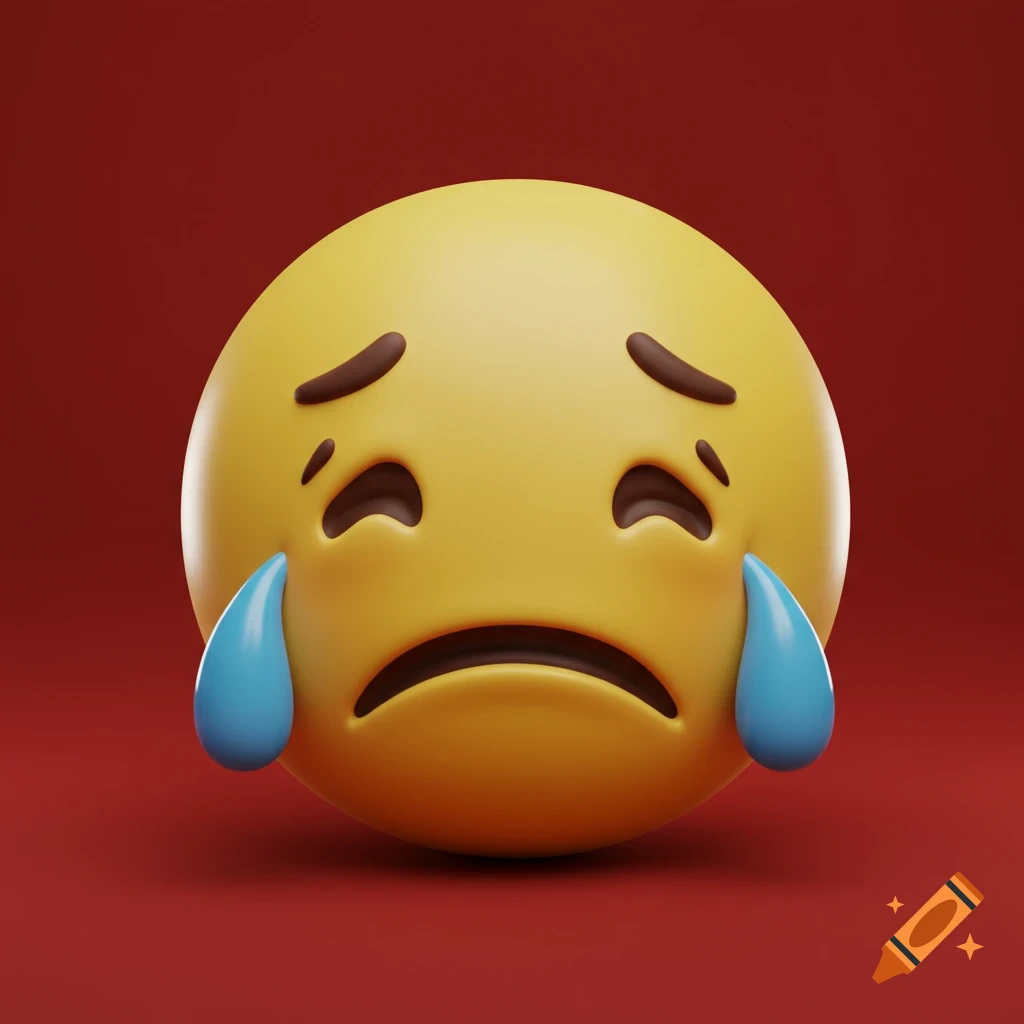 A 3D rendered yellow emoji face with tears, depicting sadness. on Craiyon