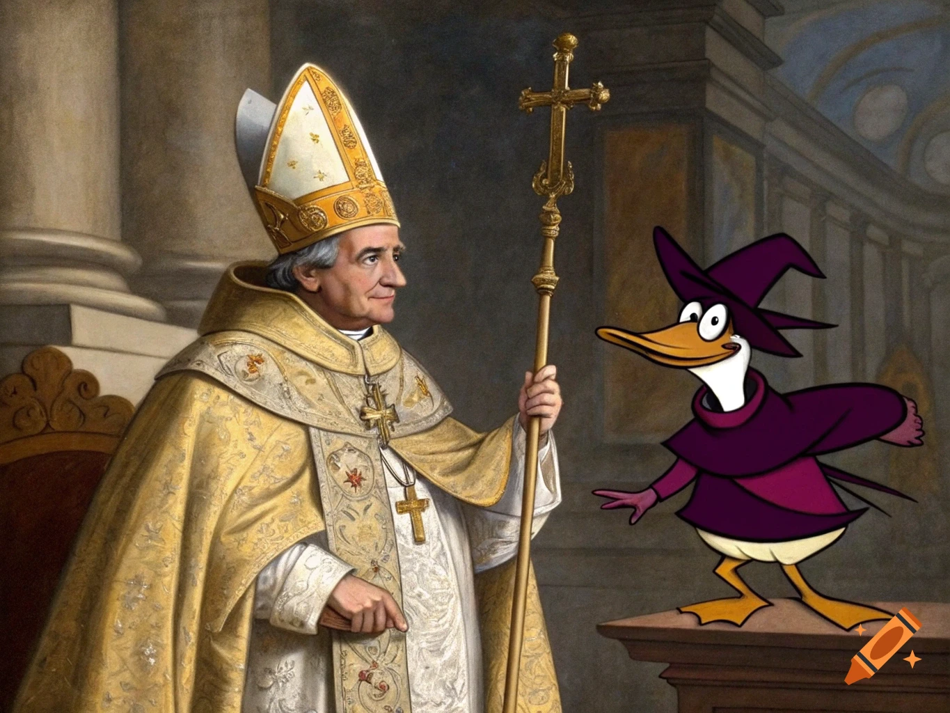 A figure resembling a pope stands beside a cartoon duck in a purple ...