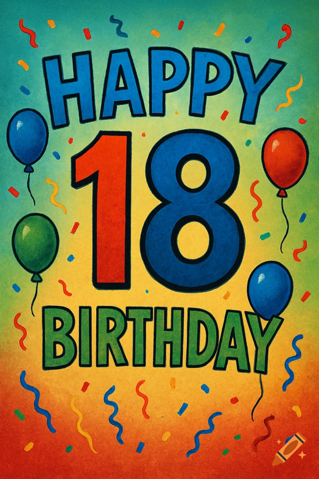 Happy 18 Birthday text with balloons and confetti in a colorful ...