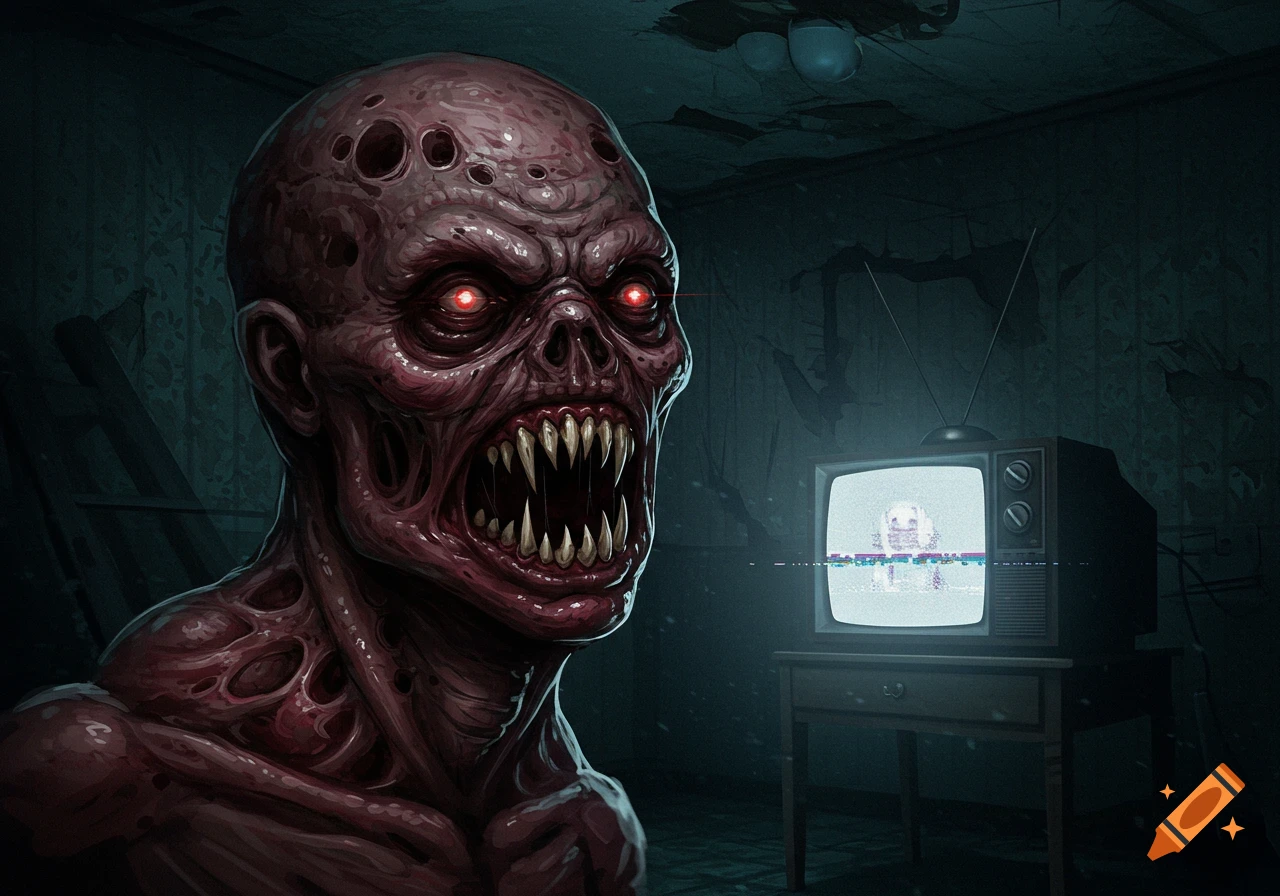 Grotesque red monster with glowing eyes in a dark room watching a ...