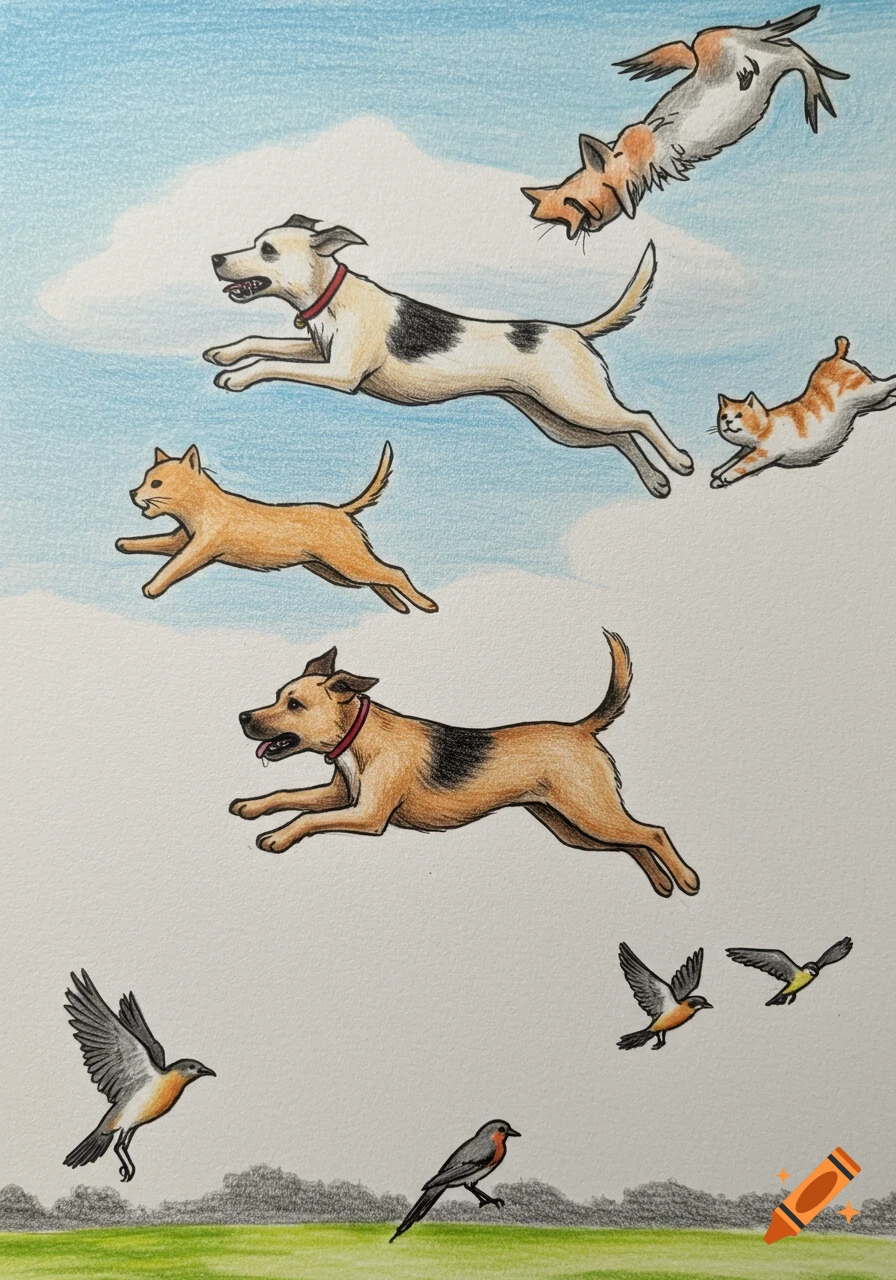 Colored pencil sketch of dogs and cats flying with birds on the ground ...