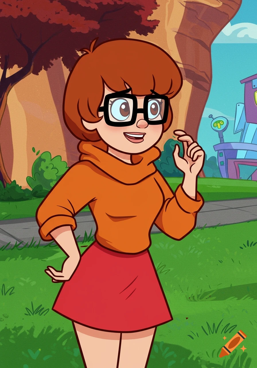 A cartoon illustration of Velma from Scooby-Doo standing outdoors. on ...